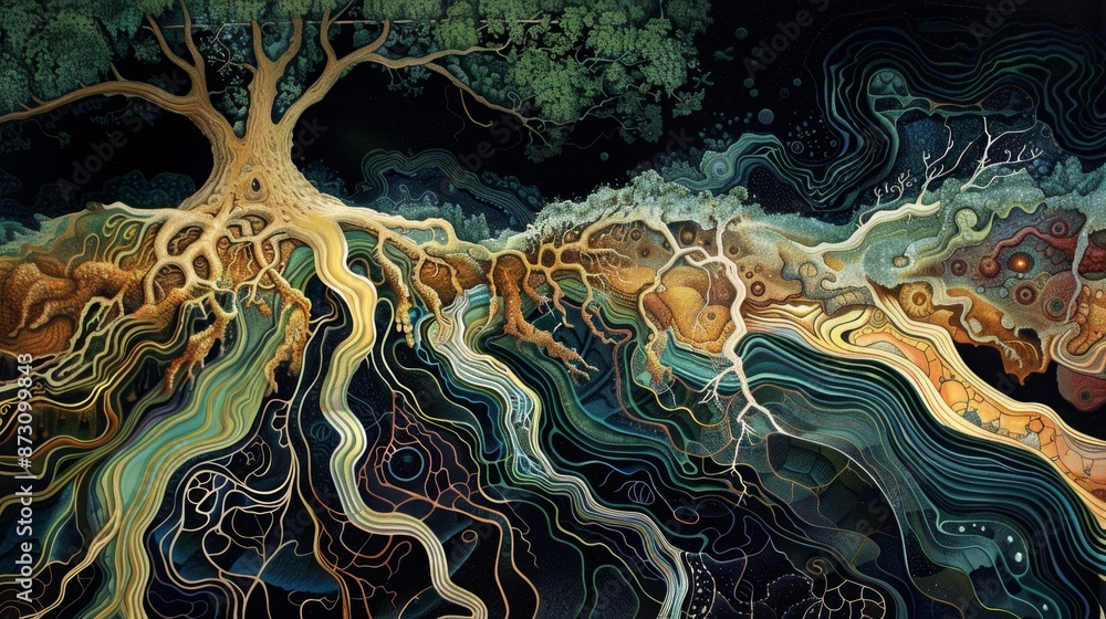 A cross-section of roots and soil, intricately detailed in a ...