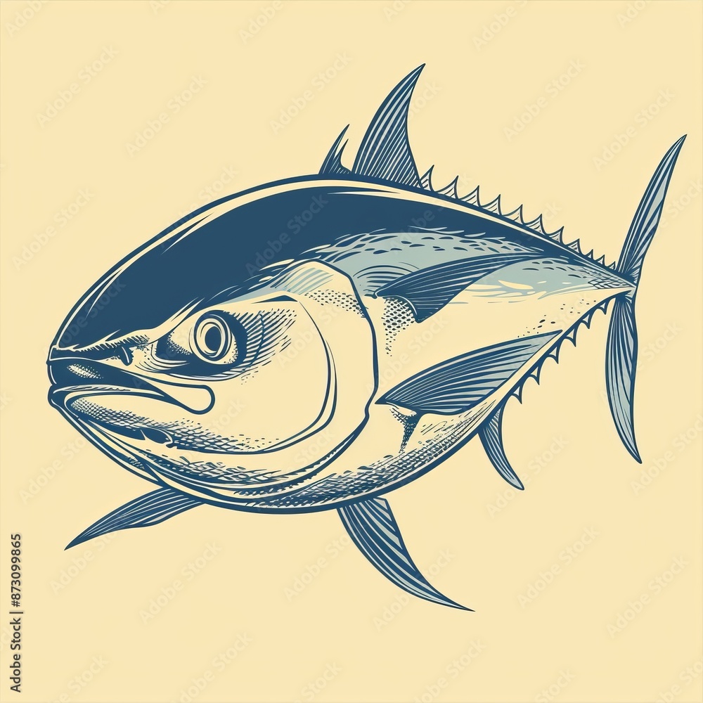Detailed sketch of the tuna predatory schooling fish, hand drawn in ...