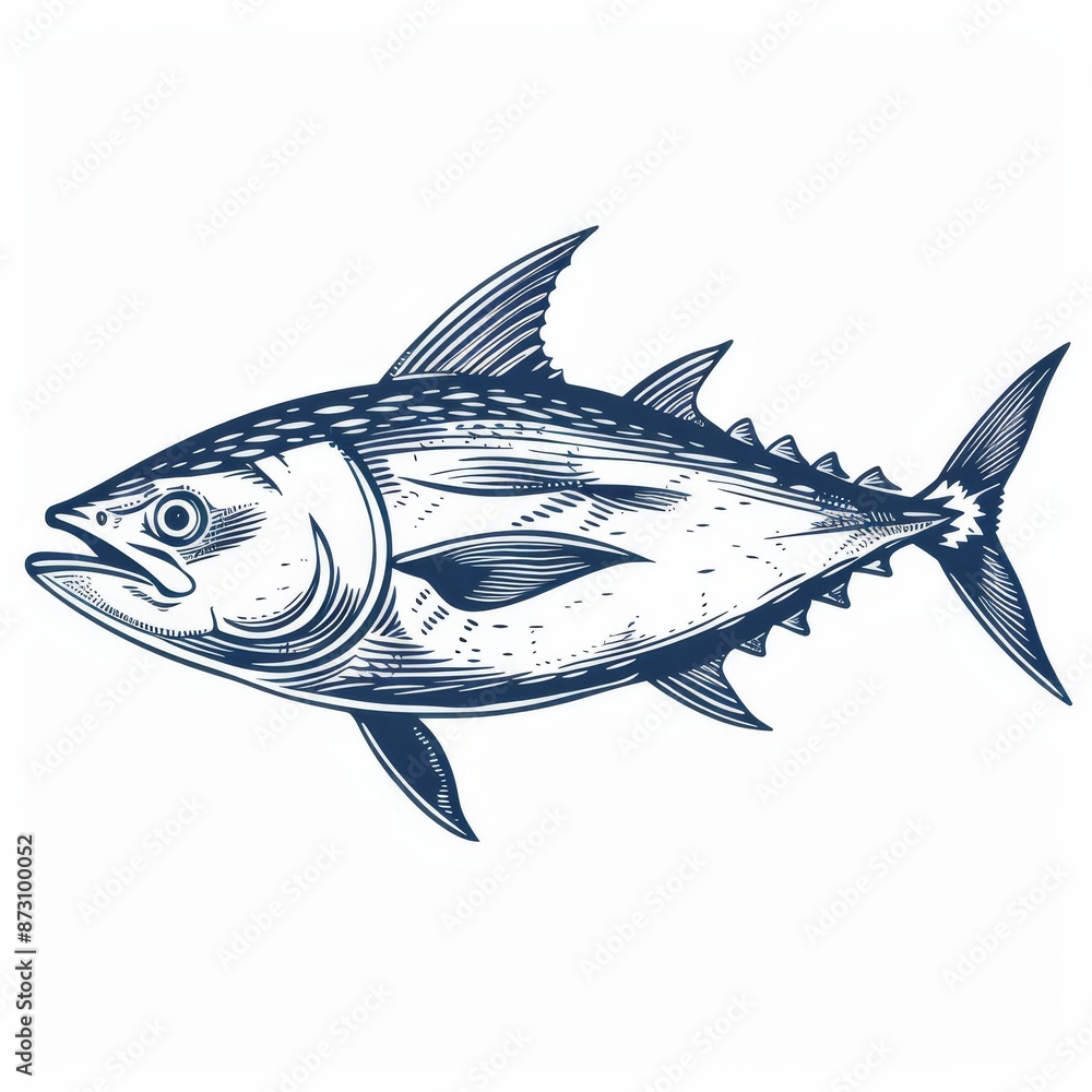 Hand-drawn illustration of a bluefin tuna predatory schooling fish. A ...