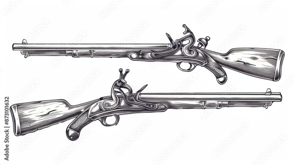 An antique shotgun isolated on a firelock rifle for gunnery arsenal, a ...