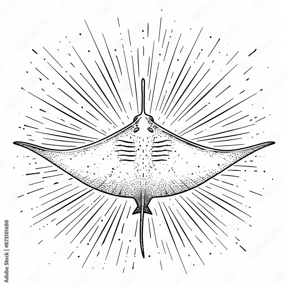 A modern illustration of a manta stingray in dots and monochrome sketch ...