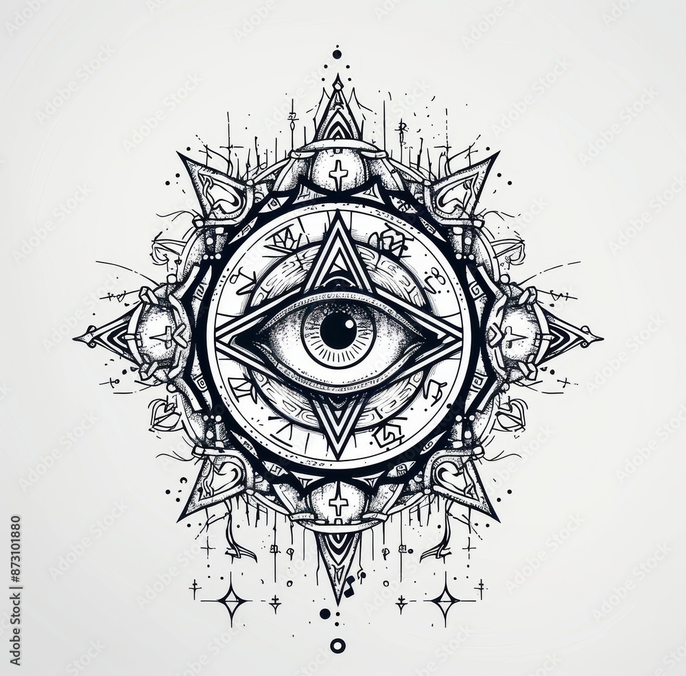 Pentagram with magic eye, satanic star, and sacred Aztec symbol. Modern ...