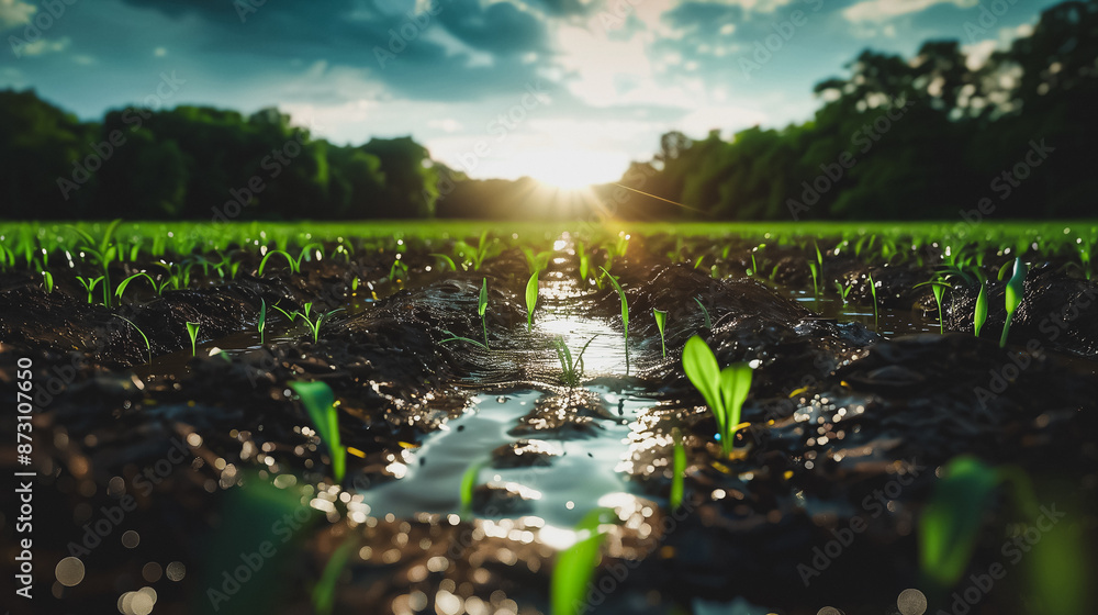 Foto de Rain Water gushing off farmland with crops that causes top-soil ...