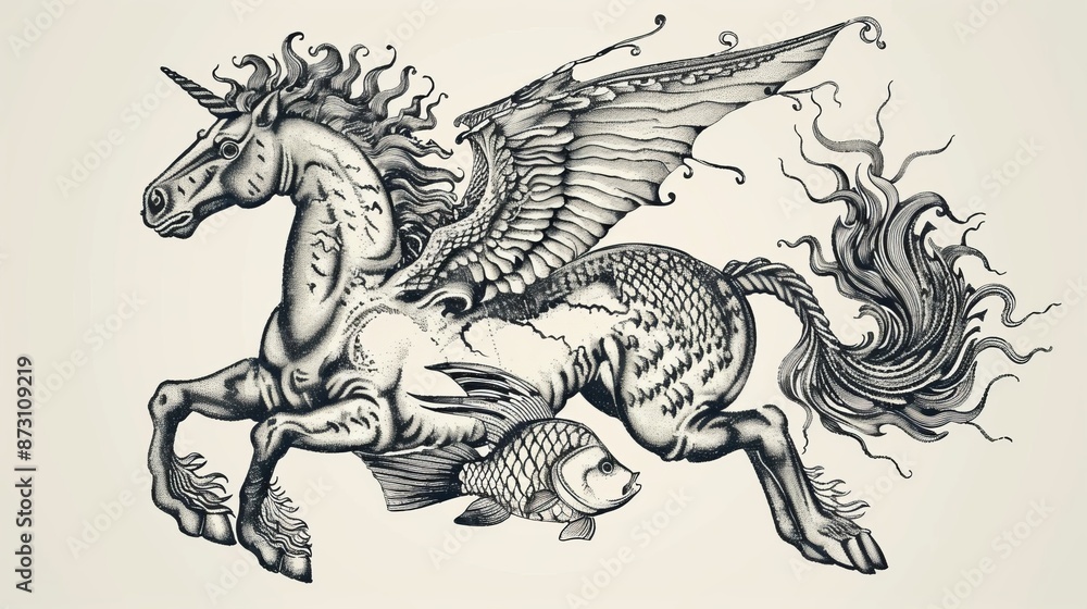 An ancient heraldic sketch of a horse with a fish tail or mermaid tail ...