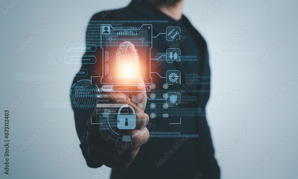 person scanning fingerprint and biometric authentication, cybersecurity ...