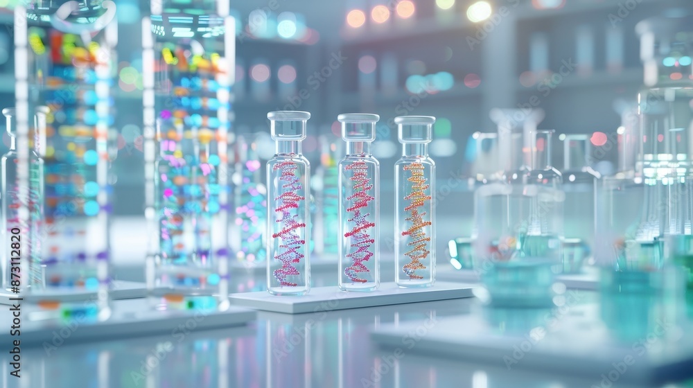 Chemical laboratory scene with various flasks and test tubes filled ...