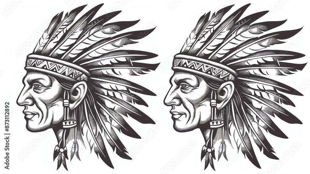 The image shows the Indian chief head wearing traditional headdress ...