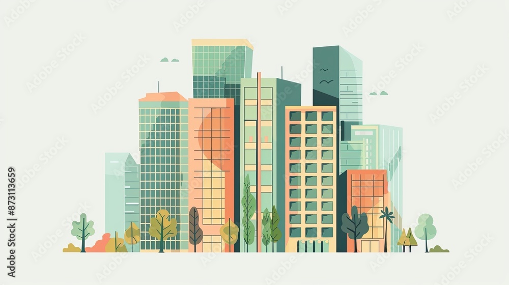 Green Buildings flat design side view architecture theme cartoon ...