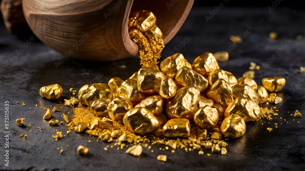 Bright shiny gold nuggets & golds dust on black background or expensive luxury 24-carat metal ...