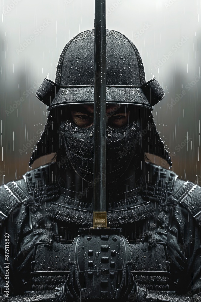 Design an illustration of a samurai's helmet and face in front; with a ...