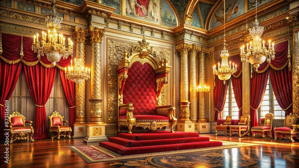 Majestic golden throne sits atop rich red velvet carpet amidst ornate ...