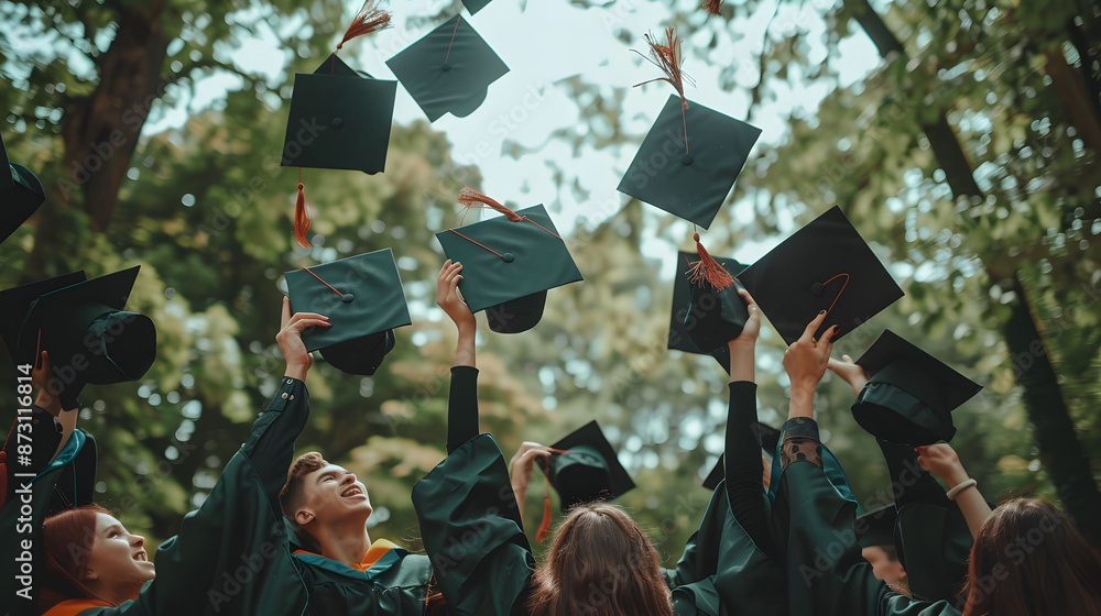Group of graduates throwing caps in the air celebrating their ...