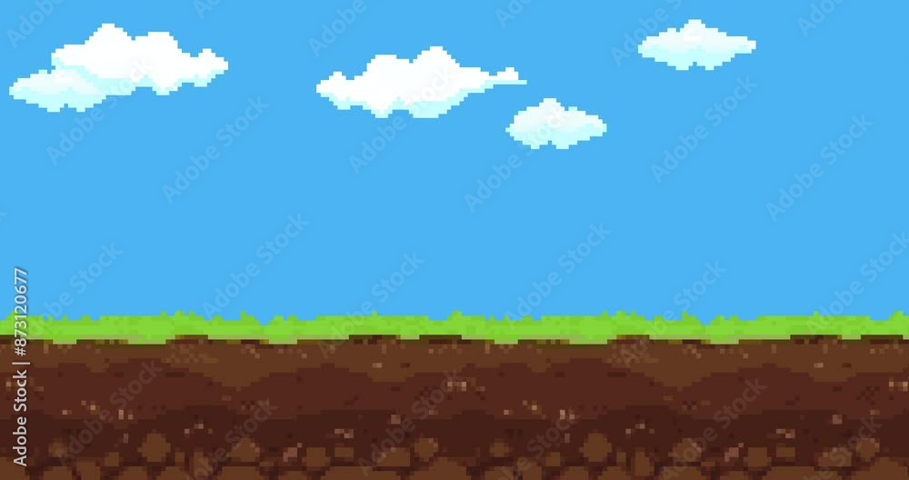Animation of old style pixel game. Pixel art game background. Ground ...