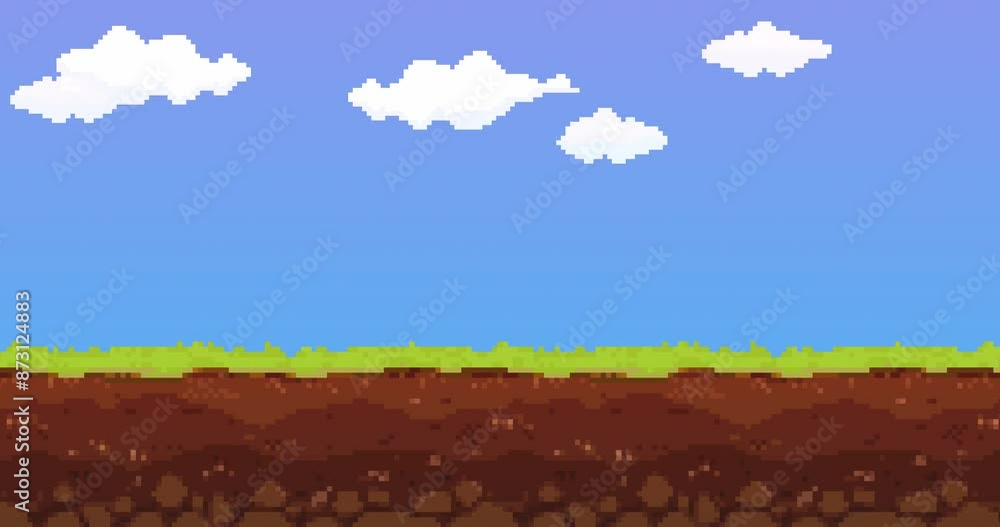 Animation of old style pixel game. Pixel art game background. Ground ...