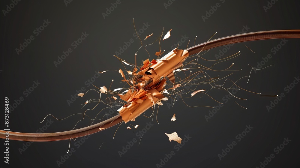 Broken wire. Accurate electrical cable with imperfections in isolation ...