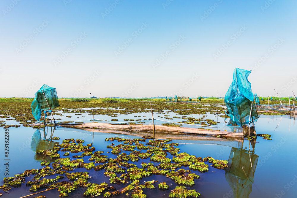 Traditional fish trap with beautiful landscape view. Shrimp and crab ...