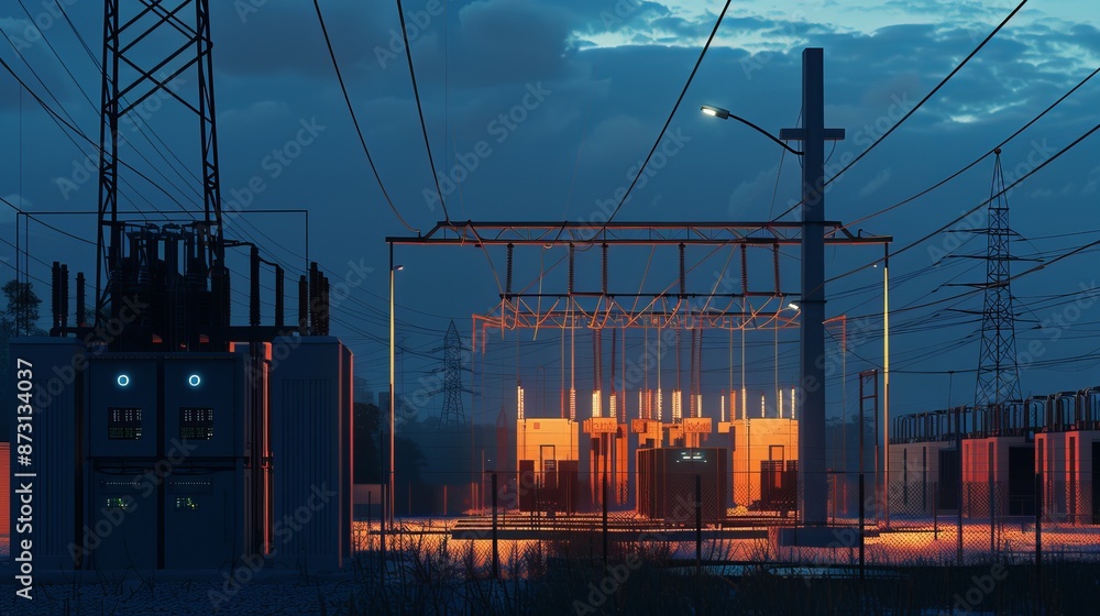 Power lines and transformers in an electrical distribution substation ...