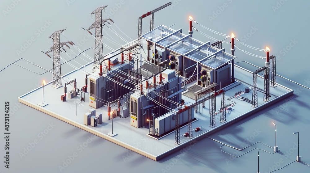 An isometric schematic view of an electrical substation. Power ...