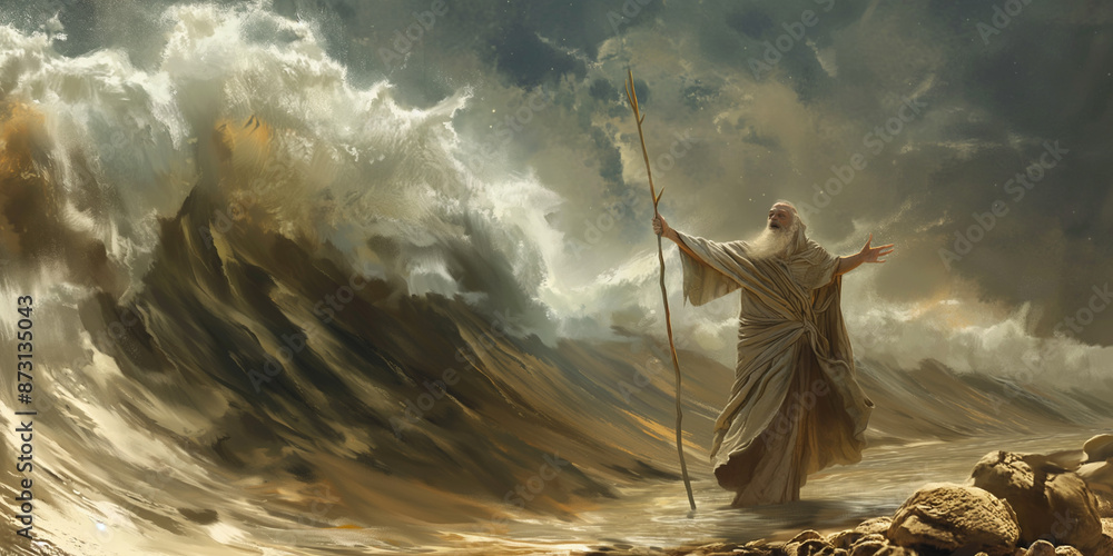 Moses holding hands up to part Red Sea while Israelites flee from the ...