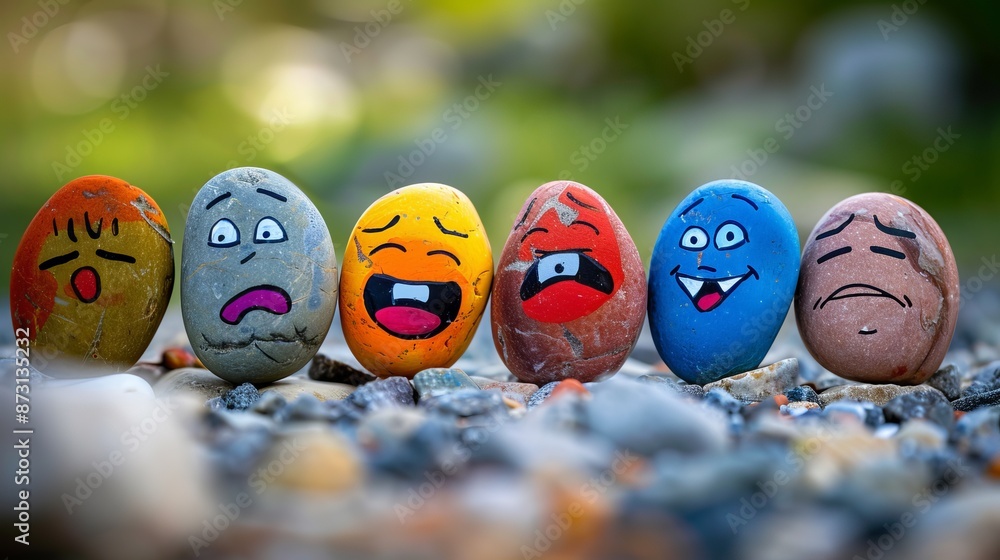 Stones with painted faces serve as symbols for various emotions in the ...