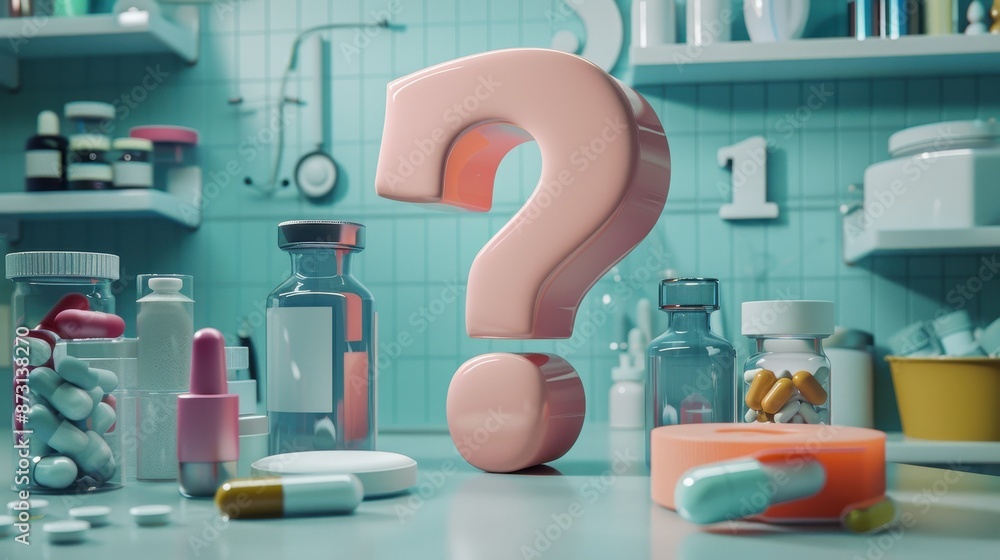 Medical supply with a big question mark symbol, intriguing and modern ...
