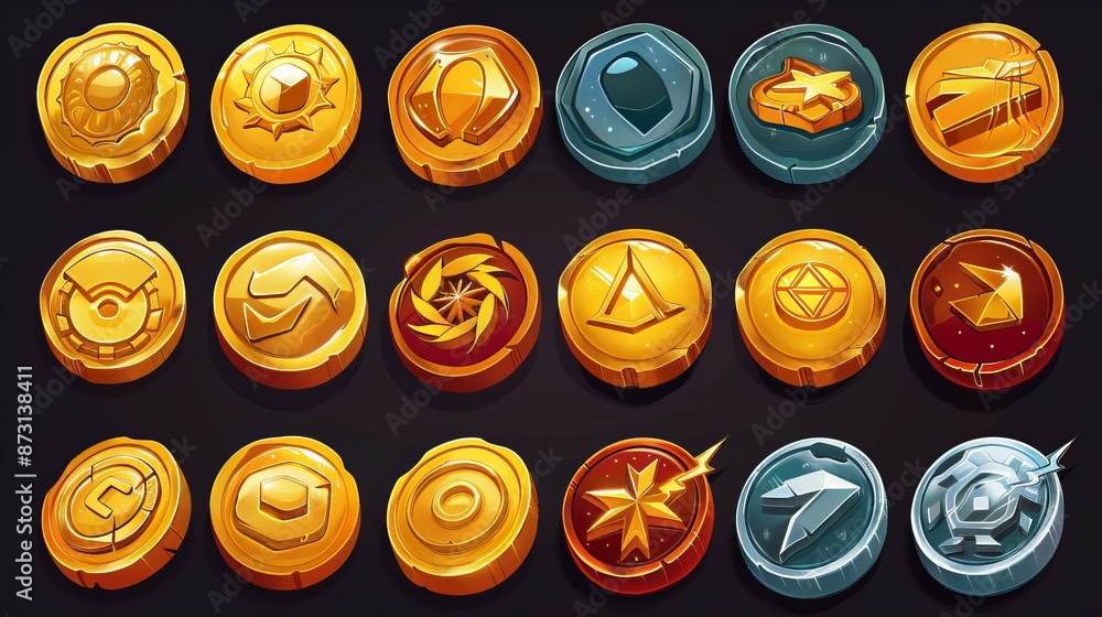 Icons and tokens for gold coins in game user interfaces. Trophies ...