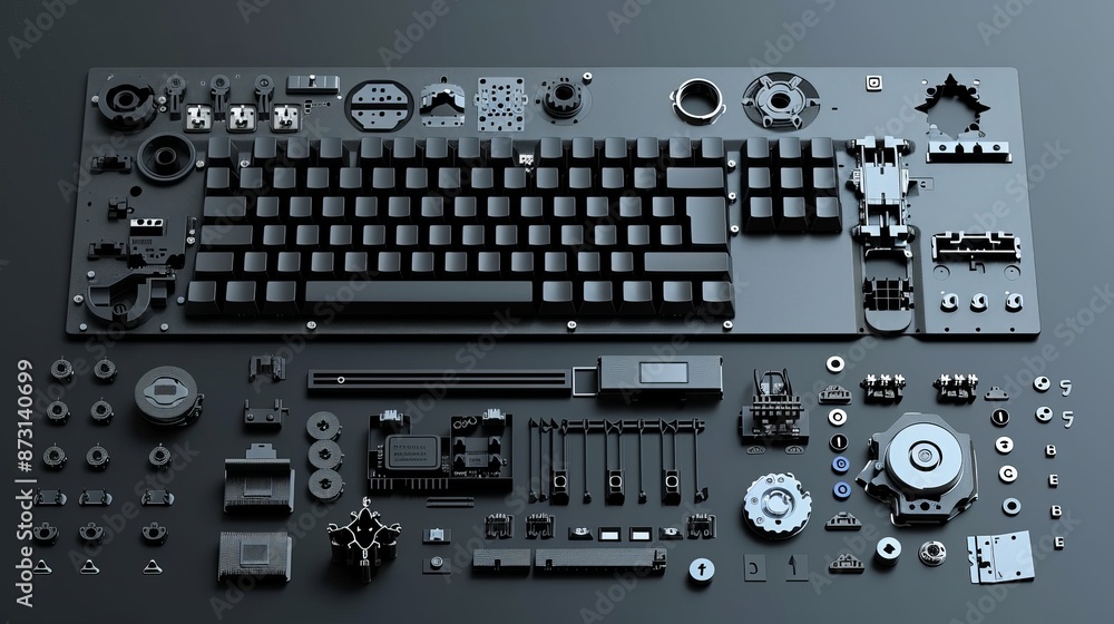 Keyboard in section, internal parts, 3D render. Disassembled, isolated ...