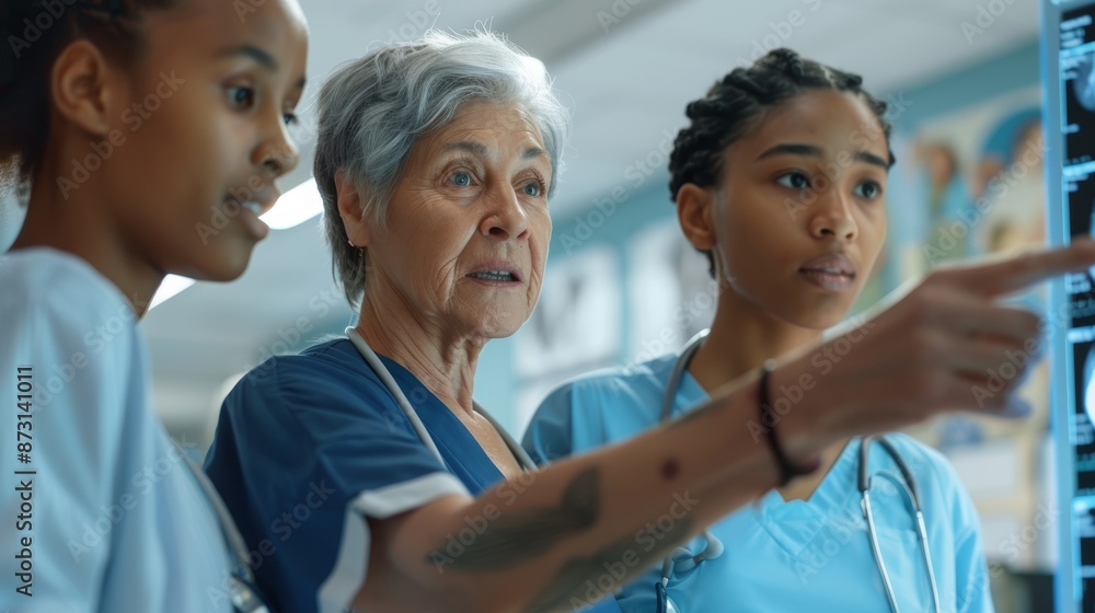 In a hospital, X-ray, MRI, and doctor talk and collaborate. Healthcare ...