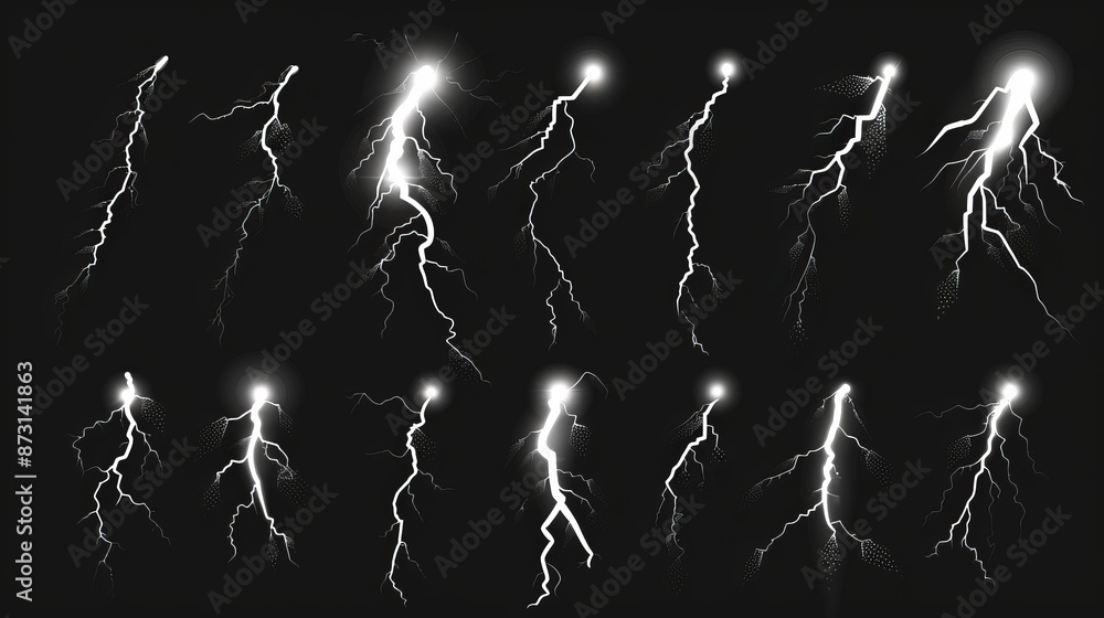 Vector illustration of a lightning strike bolt silhouettes sequence ...