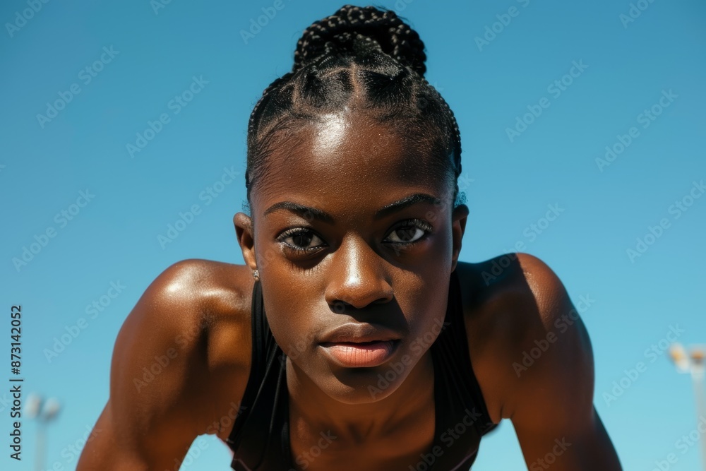 Race, competition, exercise challenge, stadium fitness, black woman ...