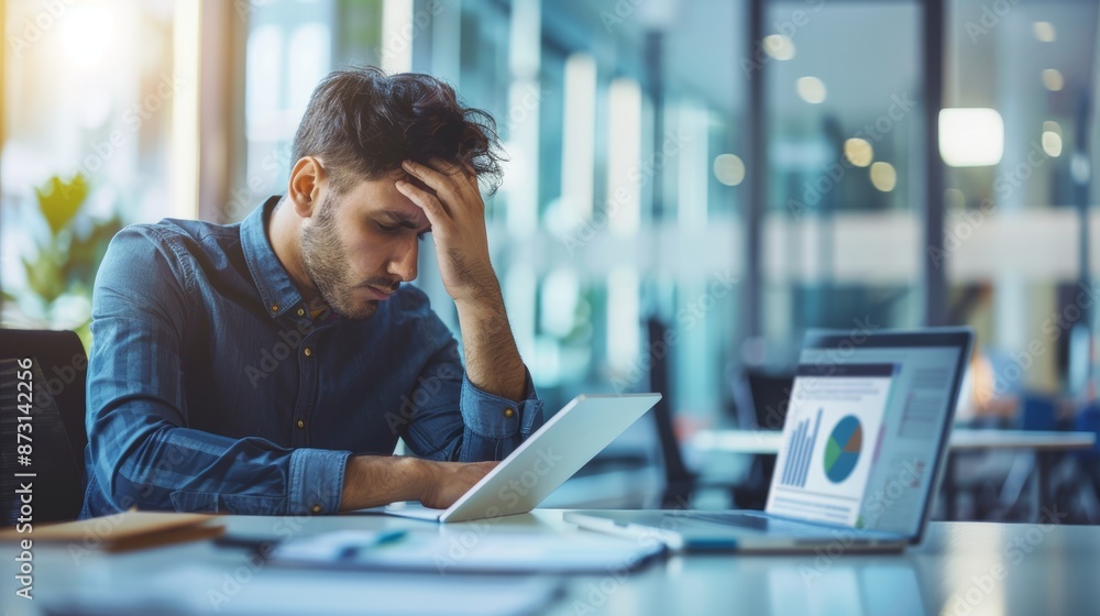 Business man, tablet, desk sleeper with burnout, stress, and mental ...