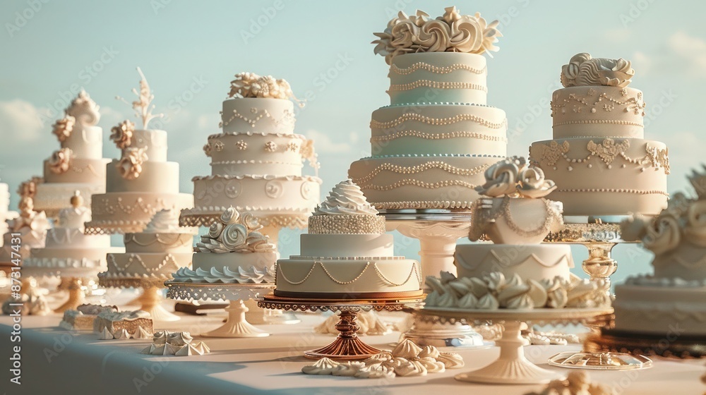 An elegant array of fancy cakes on a banquet table, with each cake ...