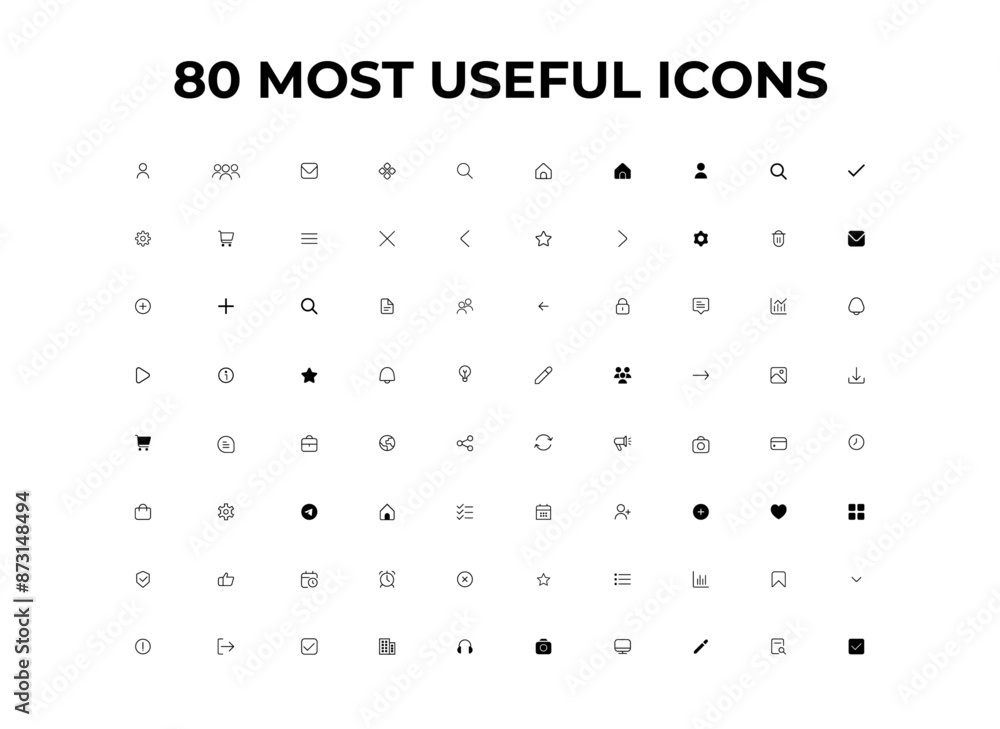 80 most used icon set, vector icon, popular icons, basic, png Stock ...