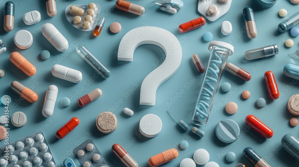 Medical supply with a big question mark symbol, intriguing and modern ...