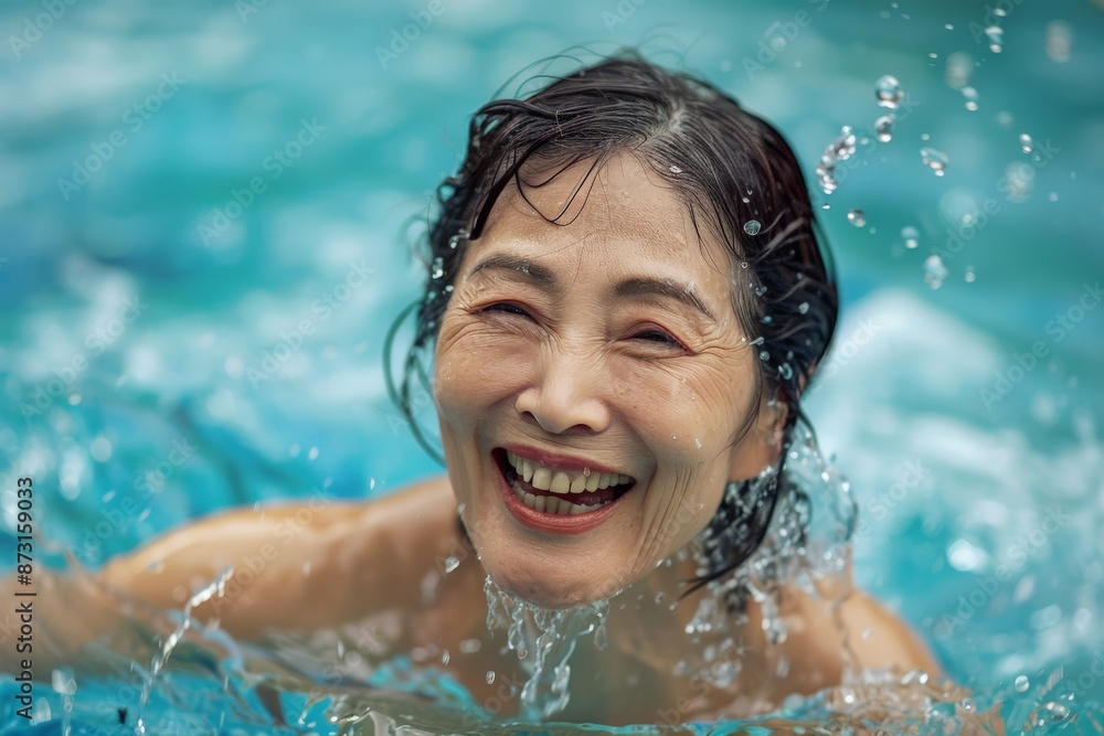 An exuberant woman enjoying her time swimming in the pool with water ...