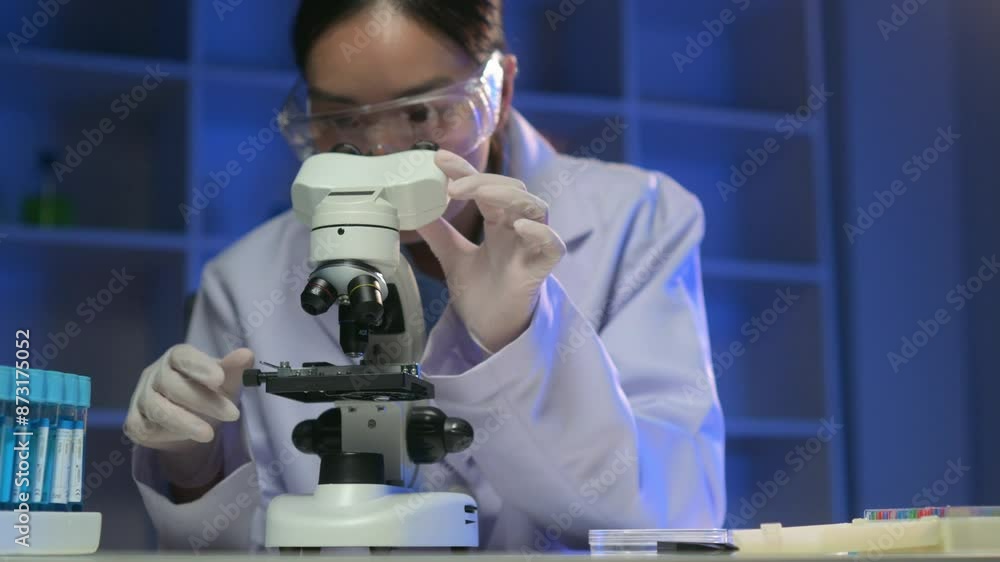 Scientist adjusts microscope in modern lab with blue lighting and test ...