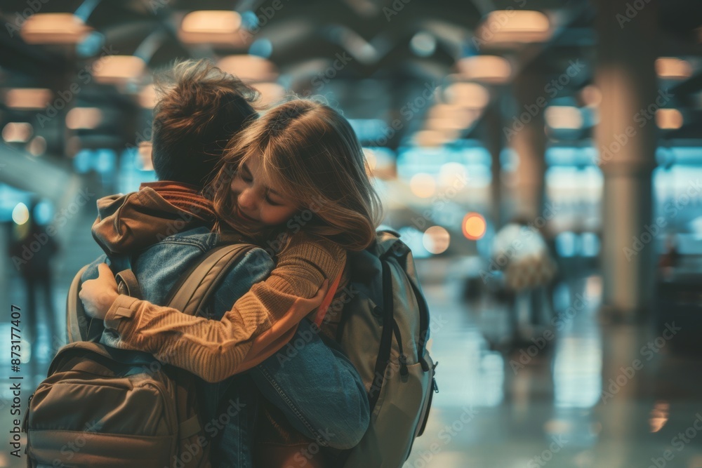 Two people embrace in an emotional hug at what appears to be an airport ...