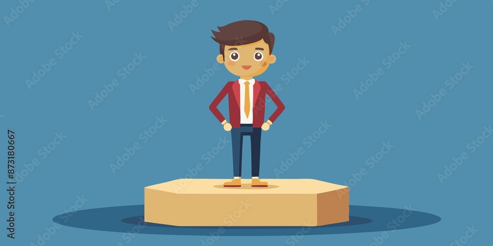 cartoon standing alone on blank podium, with sense of importance and ...