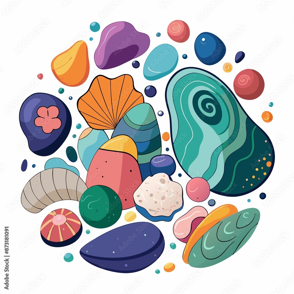 Whimsical collection of peculiarly shaped and colored stones, shells ...