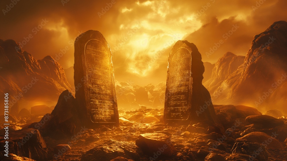 Ancient stone tablets with inscriptions of the Ten Commandments set ...