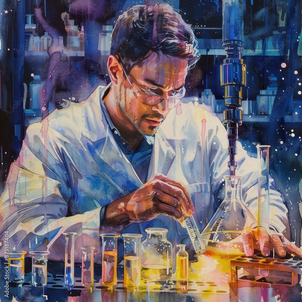 Scientist conducting experiment in modern lab, vibrant colors ...