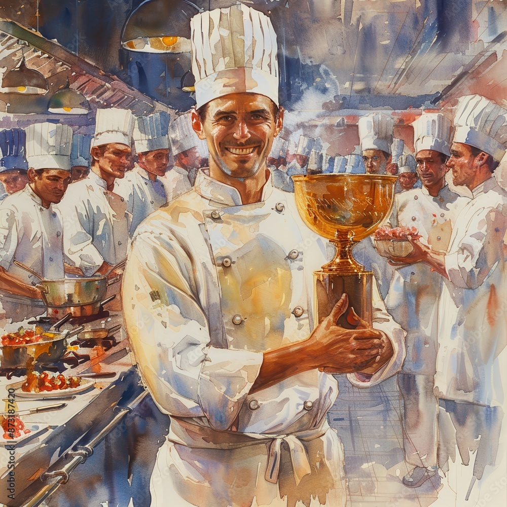 Victorious chef holding a golden trophy stands proudly in a bustling ...