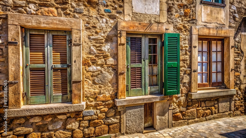 Old rustic windows with worn wooden shutters and stone walls in a ...
