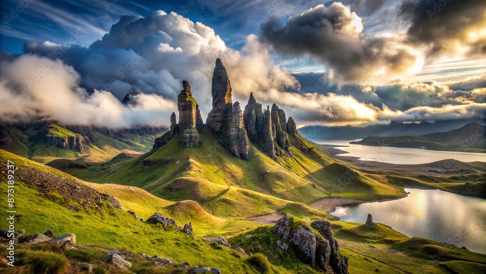 Majestic rugged landscape of Isle of Skye's Old Man of Storr with misty ...