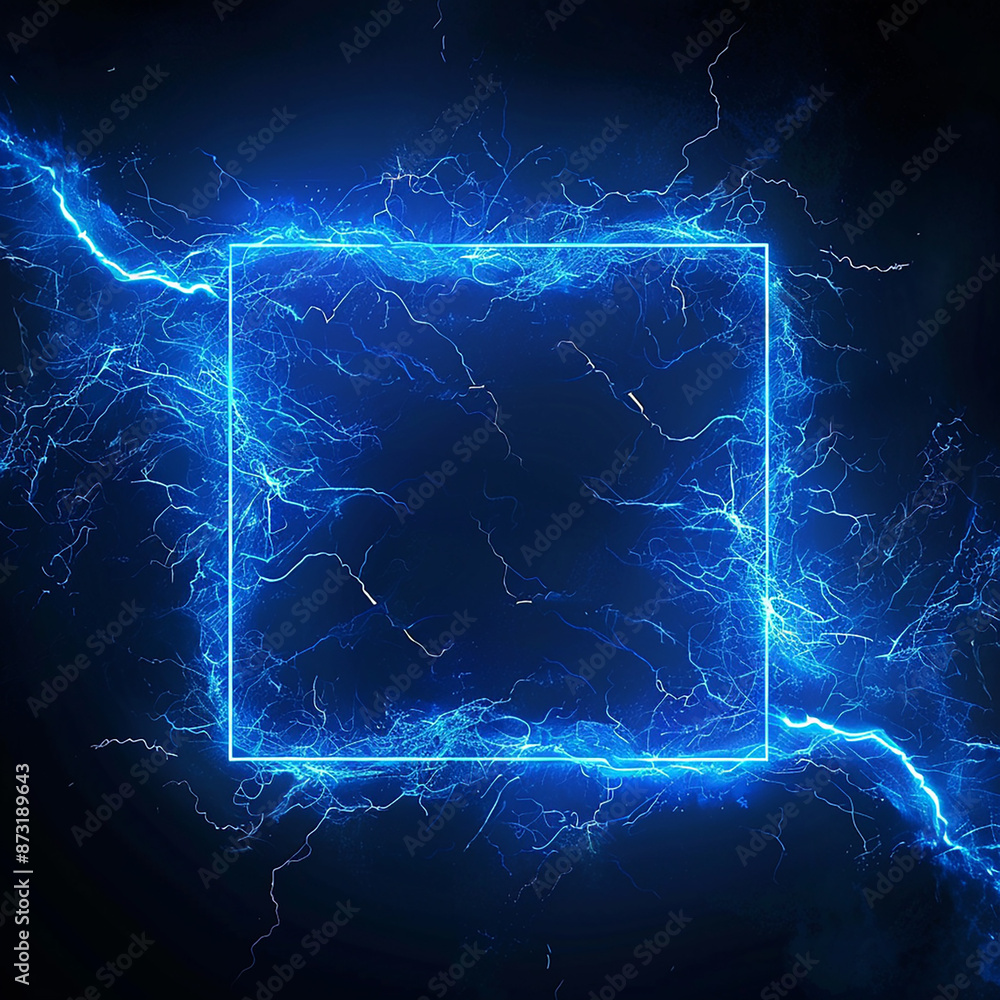 Blue electric sparks forming a square frame on a dark background ...