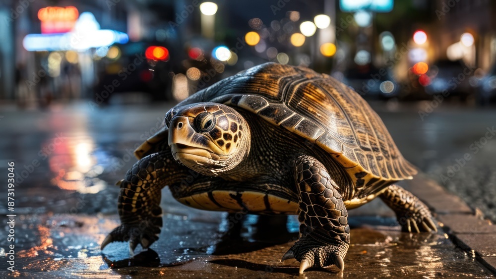 an ornate turtle on a city street at night time with lights lit in the ...