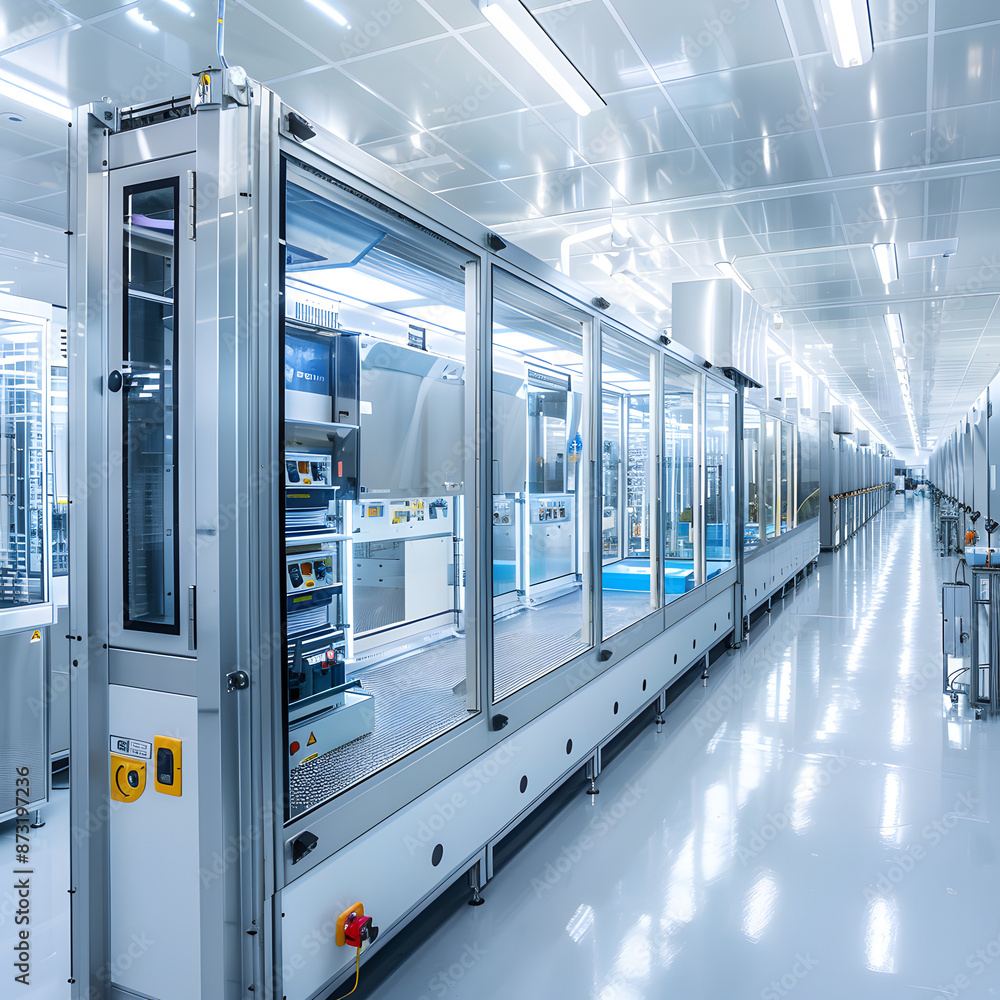 wide shot of bright advanced semiconductor production fab cleanroom ...