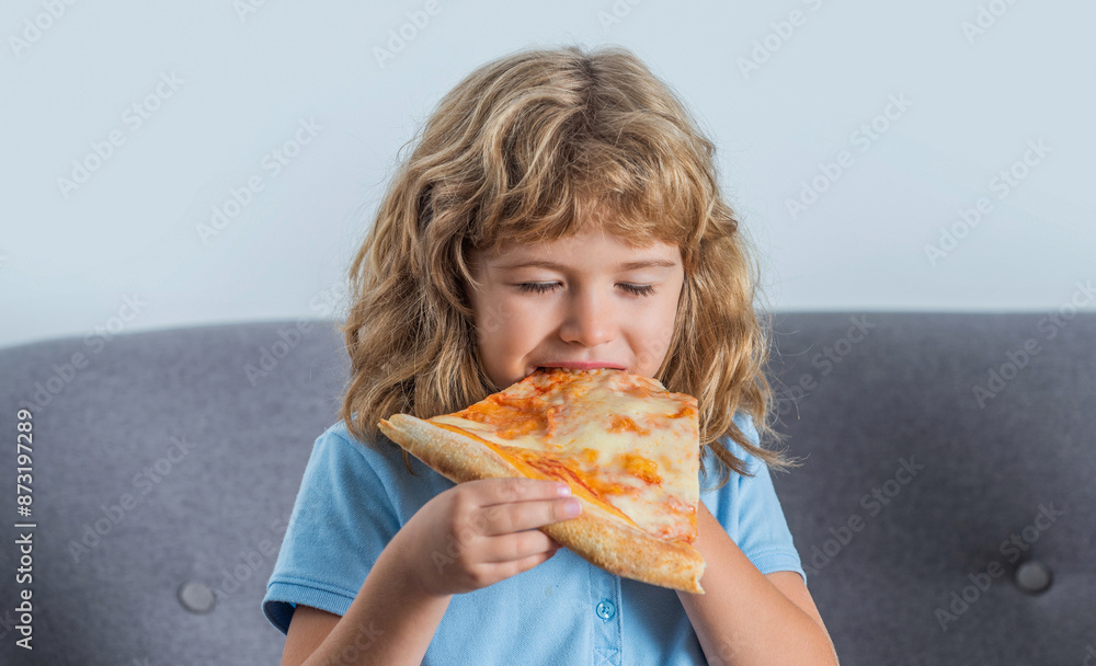 Child delicious Italian pizzas. Little boy eating pizza. Cute little ...