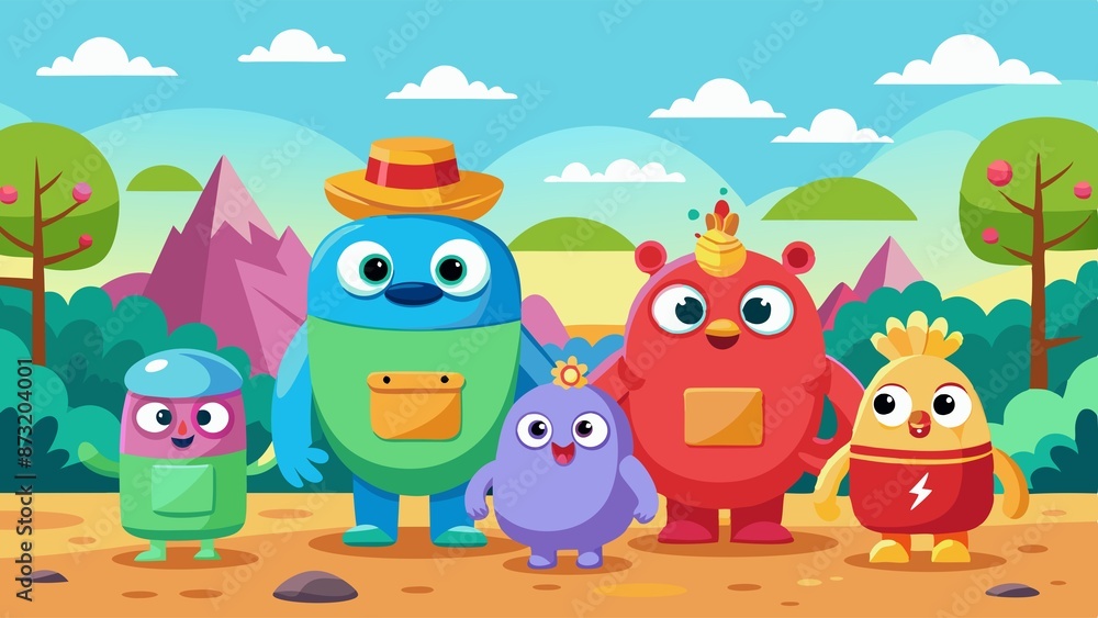 Brightly colored cartoon characters surrounded by white space, forming ...