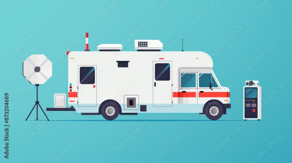 Vector illustration of a mobile medical unit with equipment on a blue ...